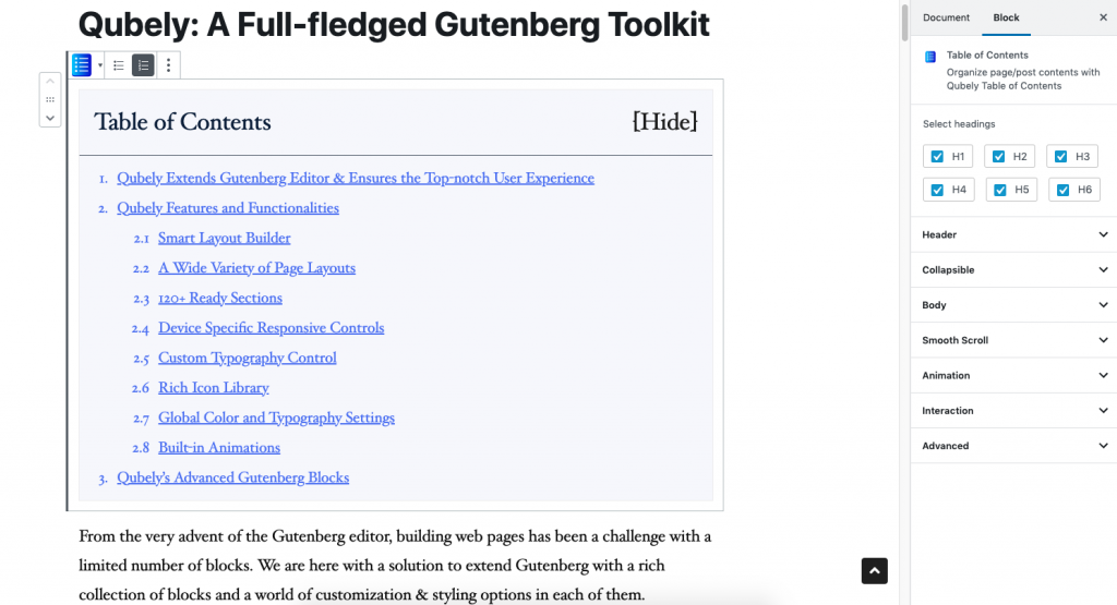 Qubely Free Introduces Table Of Contents (TOC) Block | Ahoi.dev